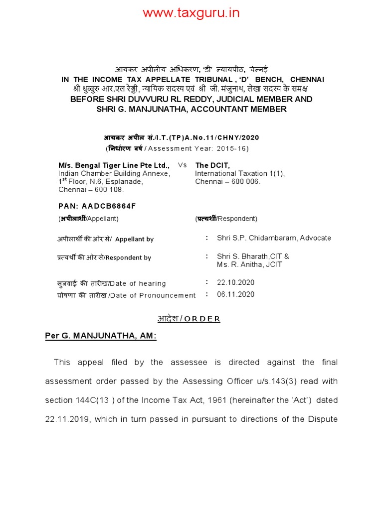 Bengal Tiger Line Pte Ltd. Vs DCIT ITAT Chennai | PDF | Tax Treaty | Taxes