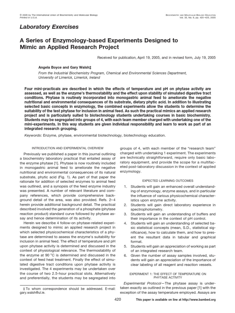 1B-Enzymology-based Experiments Designed To Mimic An Applied Research Project | PDF | Buffer ...