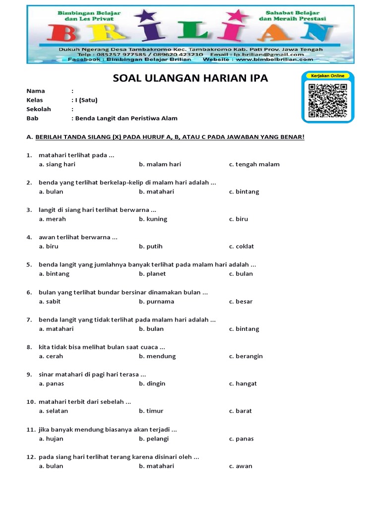Soal Ipa Kelas 1 Sd Bab 6 Benda Langit Dan Kunci Jawaban Pdf