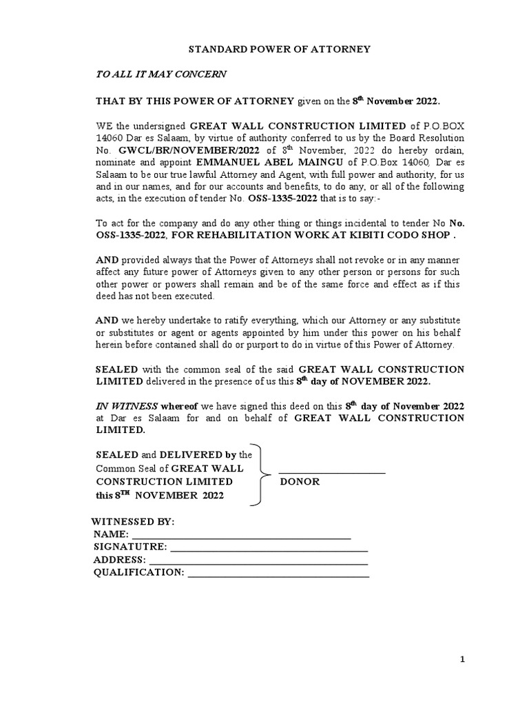 Standard Power of Attorney | Download Free PDF | Power Of Attorney ...