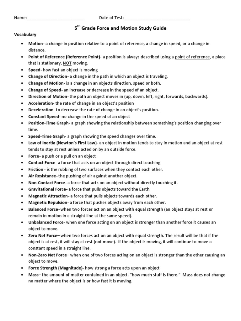Force and Motion Study Guide GRADE 5 | PDF | Force | Acceleration