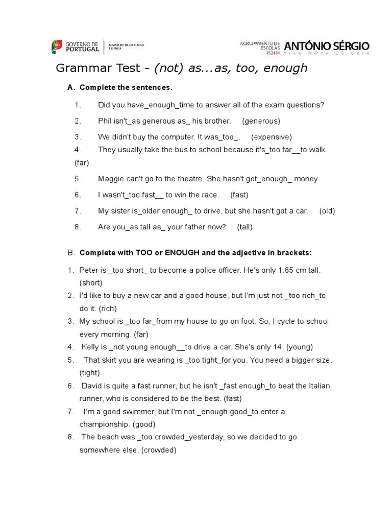 Grammar Test: Too vs. Enough | PDF