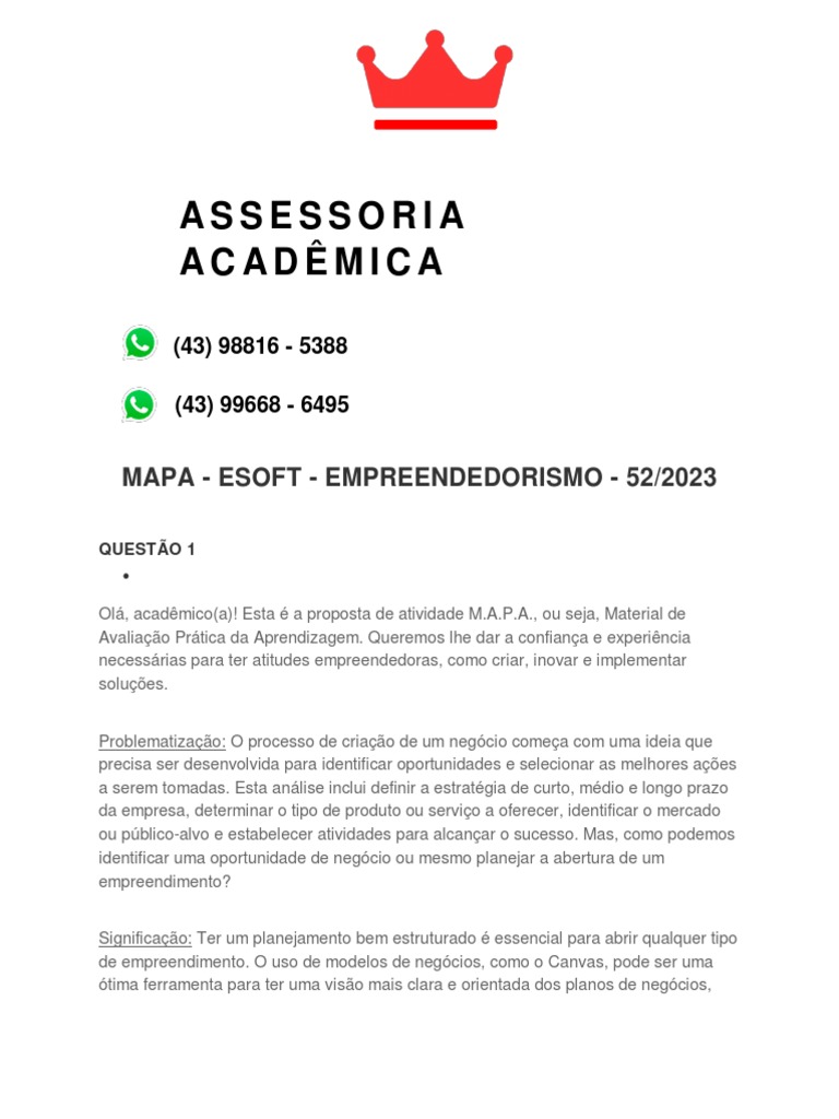 Mapa - Esoft - Empreendedorismo - 52 2023 | PDF | Empreendedorismo | Planejamento