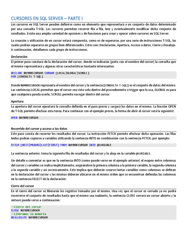Cursores en SQL Server | PDF | SQL | Servidor SQL de Microsoft