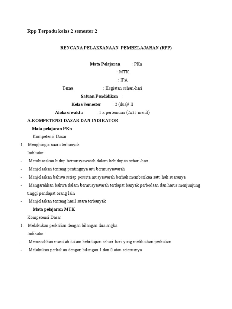 RPP Terpadu Kelas 2 Semester 2 | PDF