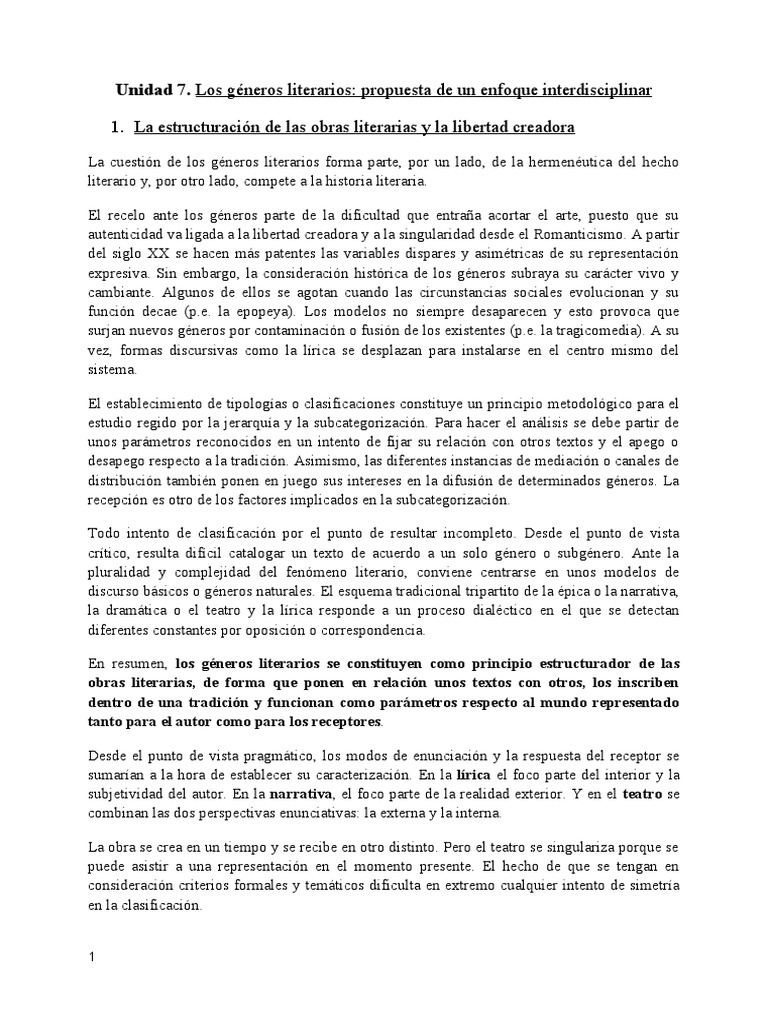 Unidad 7 - LOS GÉNEROS LITERARIOS - PROPUESTA DE UN ENFOQUE INTERDISCIPLINAR | PDF | Narración ...