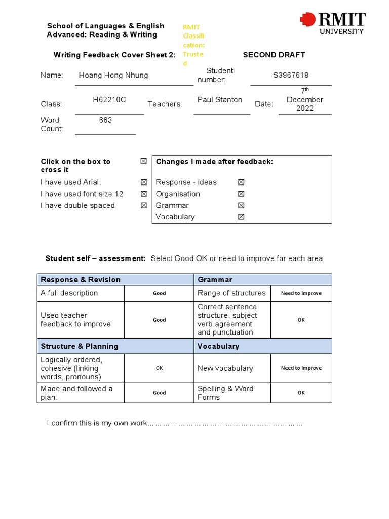 Hoang Hong Nhung S3967618 Writing Feedback Cover Sheet 2 | PDF ...