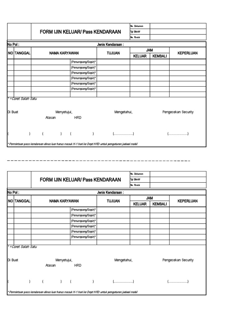 Formulir Izin Keluar Kendaraan Dinas | PDF