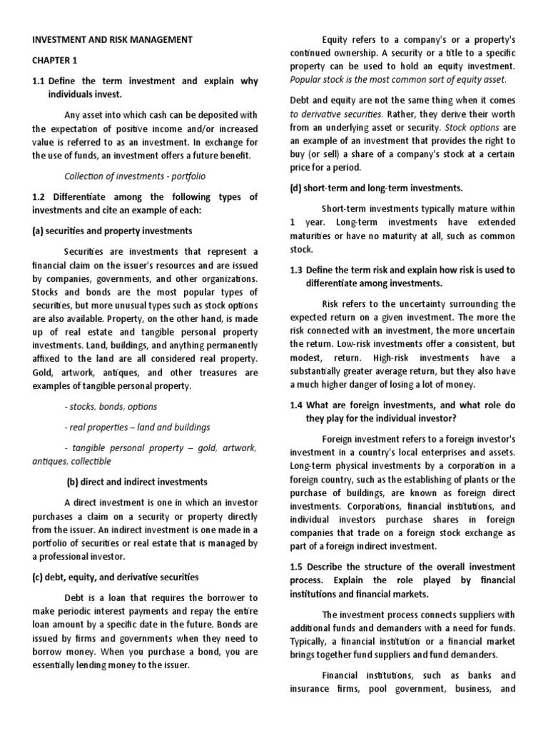 IRM CHAPTER 1 Concept Reviews | PDF | Investing | Stocks