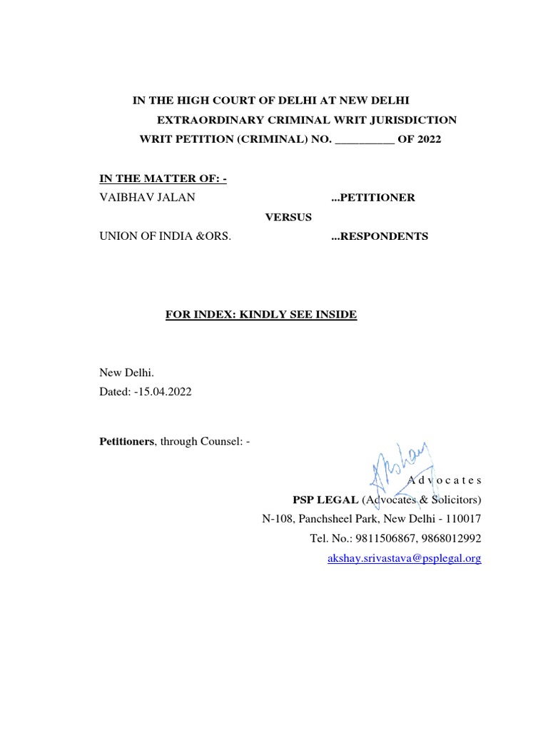 Delhi High Court Writ Petition Vaibhav Jalan V JKM 417308 | PDF | Writ ...