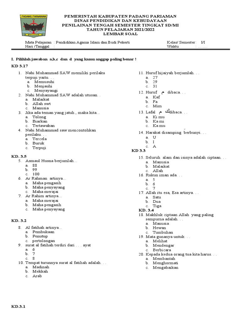 Soal PTS Pai KLS 1 | PDF