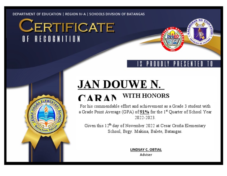 Certificate of Recognition (Honors) | PDF