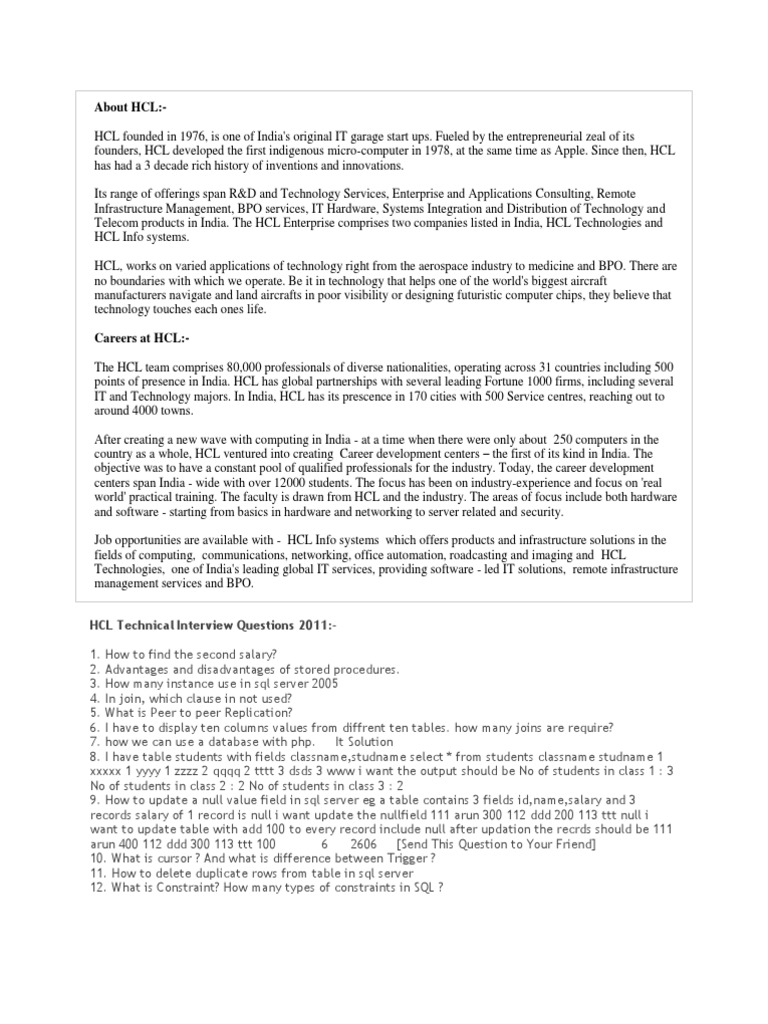 About HCL:-: HCL Technical Interview Questions 2011 | PDF | Microsoft ... About HCL:-: HCL Technical Interview Questions 2011 | PDF | Microsoft ...