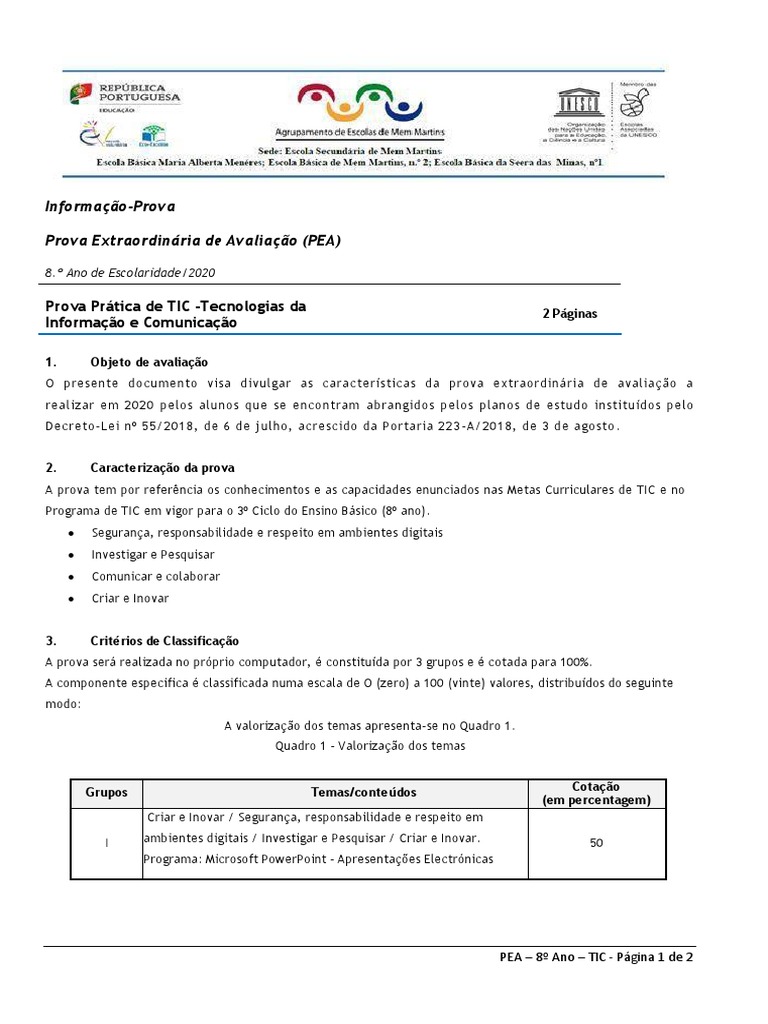 TIC Informação Prova PEA - 8.ºano | PDF | Tecnologia da Informação e ...