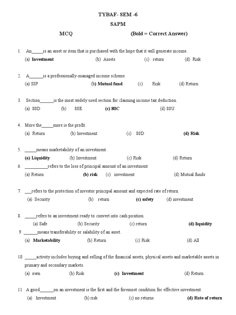 Tybaf Sem 6 Sapm Sample Questions | PDF | Capital Asset Pricing Model | Financial Risk