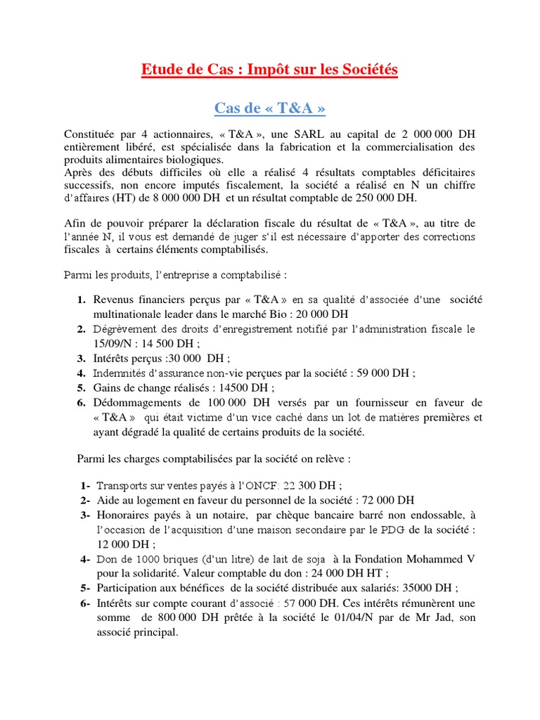 Étude de cas : Impôt sur les sociétés T&A | PDF | Comptabilité ...