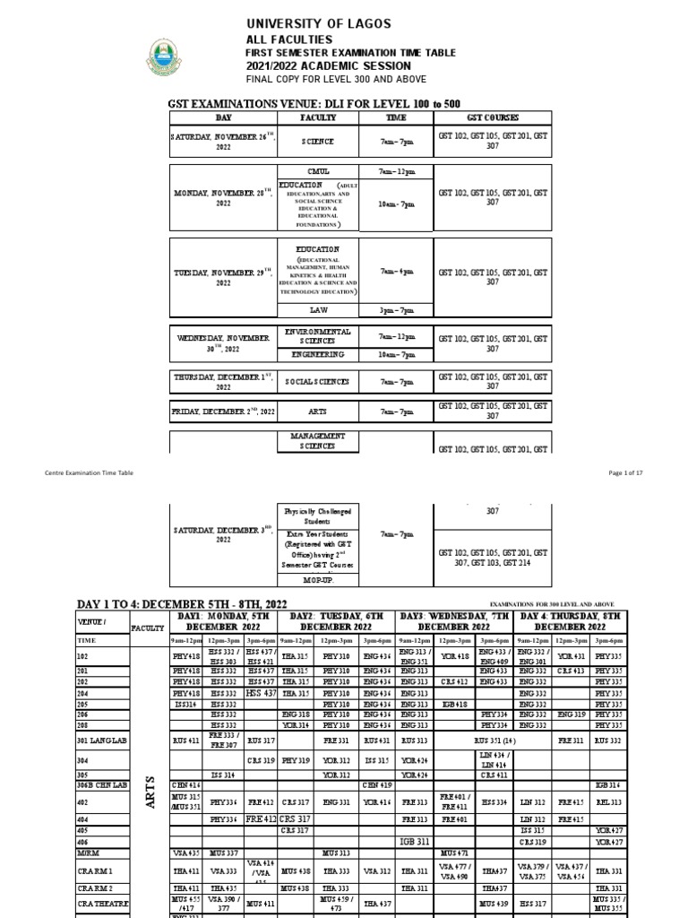 UNILAG 2021/2022 Exam Timetable | PDF | Science | Observation