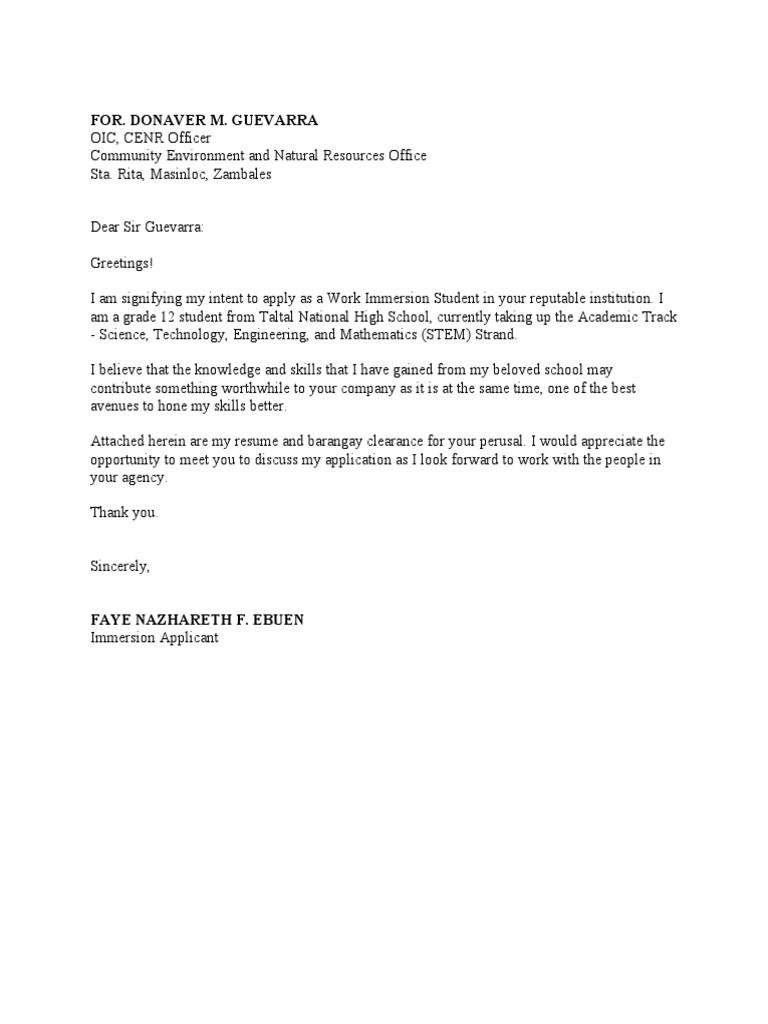 Immersion Application Letter | PDF