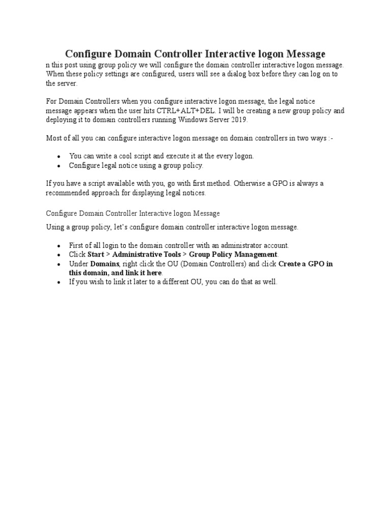 Configure Domain Controller Interactive Logon Message | PDF