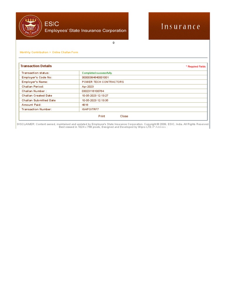 ESIC Payment Recipt April 2023 | PDF