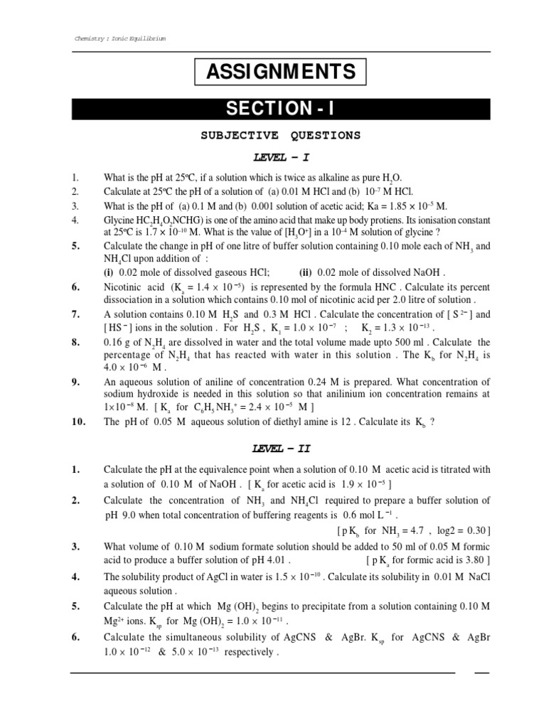 Ionic Equilibrium-03-Objective and Subjective Assignments and Answer Sheet | PDF | Acid | Ph