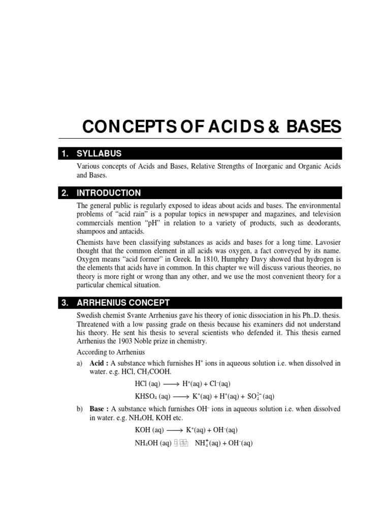 Concepts of Acids and Bases-Theory & Exercise | PDF | Acid | Hydroxide