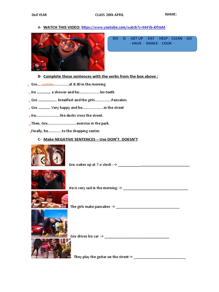 Present Simple Gru's Routine | PDF | Linguistics | Linguistic Morphology