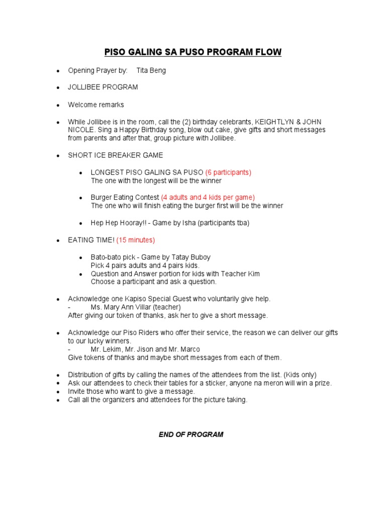 Piso Galing Sa Puso Program Flow | PDF