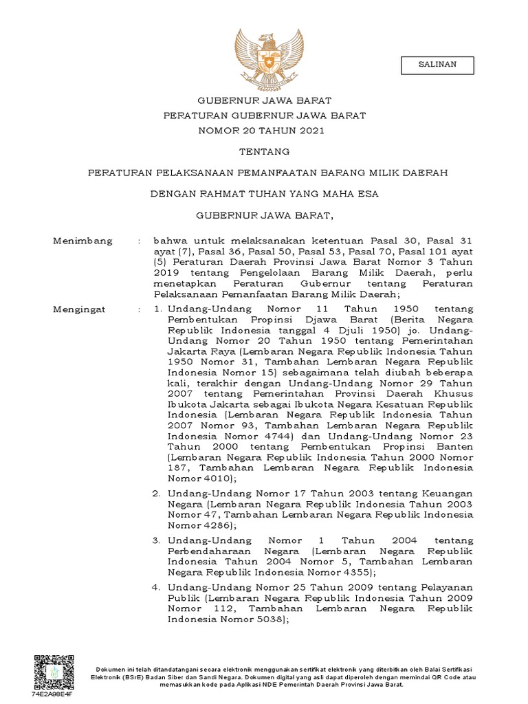 Pergub Nomor 20 Tahun 2021 - Pelaksanaan Pemanfaatan BMD | PDF
