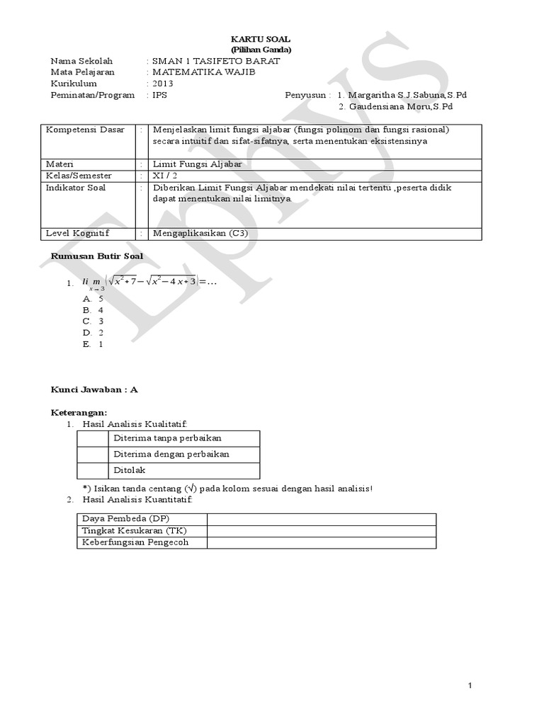 Kartu Soal - 2022 Pas Mat Wajib Xi Ephys | PDF