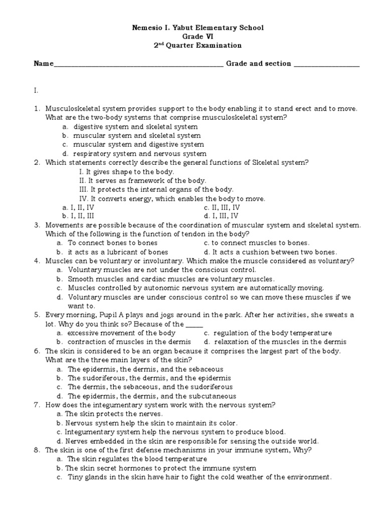 2nd Quarter Science Exam NIYES Grade 6 | PDF | Lung | Skin