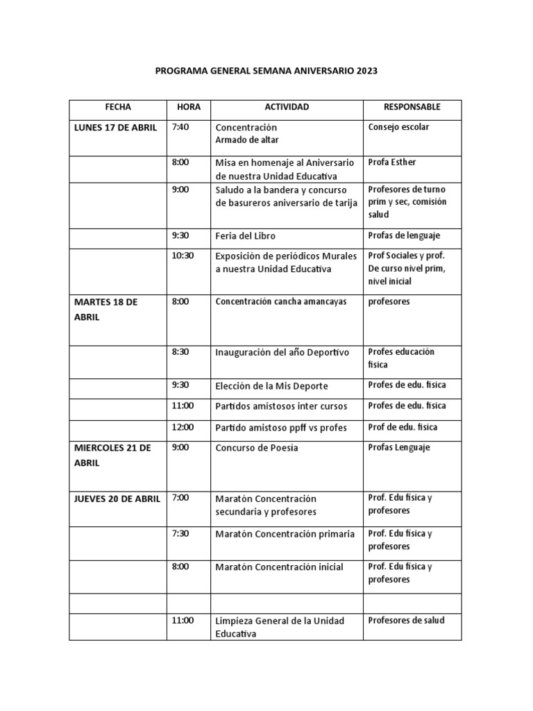 Programa General Semana Aniversario 2023 | PDF