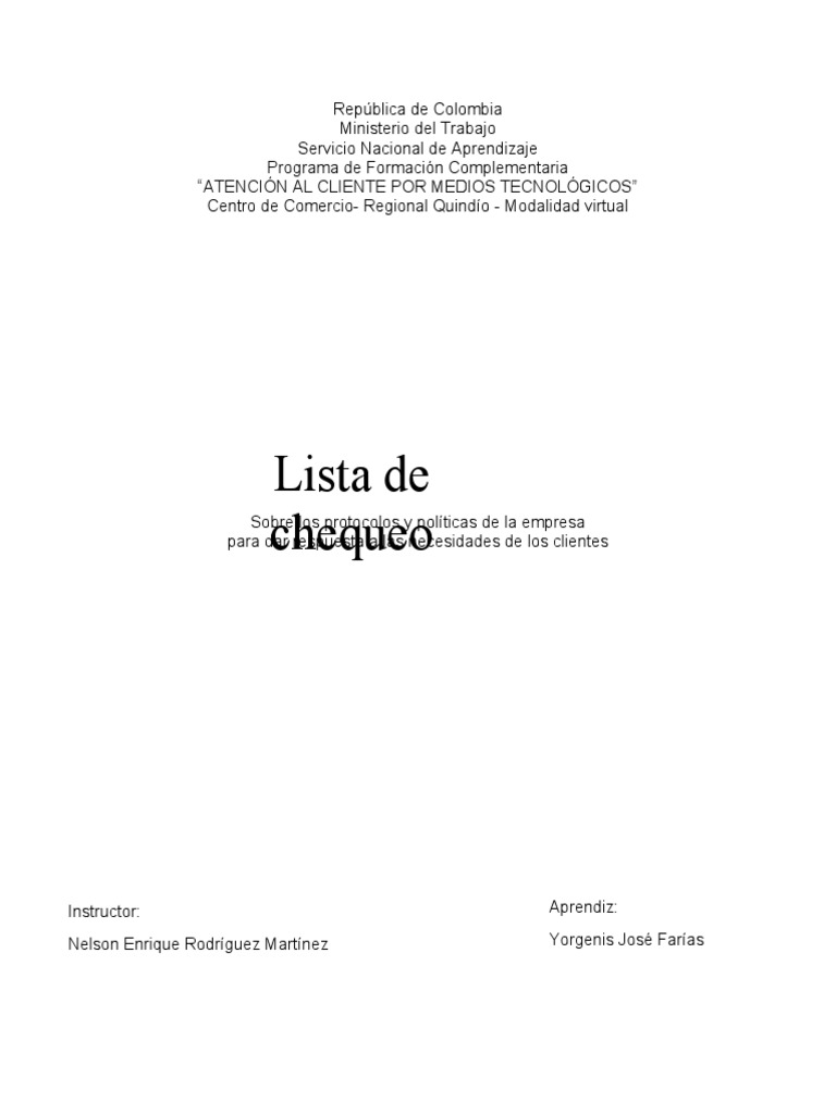2 Lista de Chequeo | PDF | Calidad (comercial) | Cliente