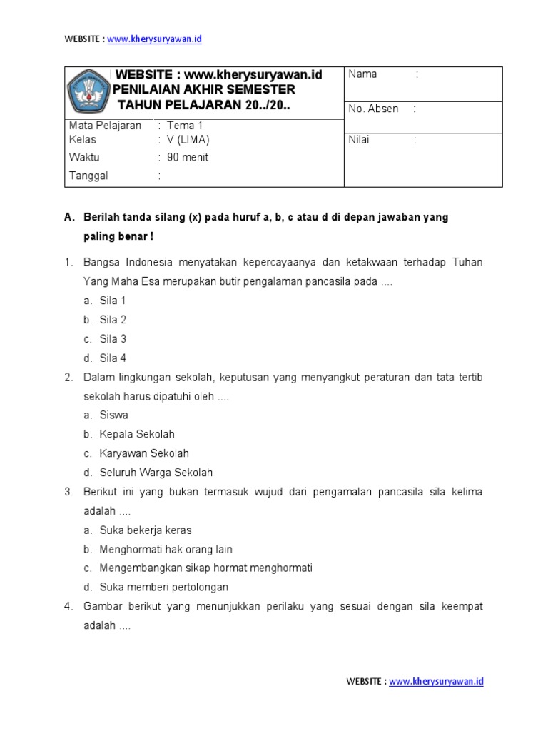 Soal Pas Kelas 5 Tema 1 Ver. 2 - Website WWW - Kherysuryawan.id | PDF | Perjalanan