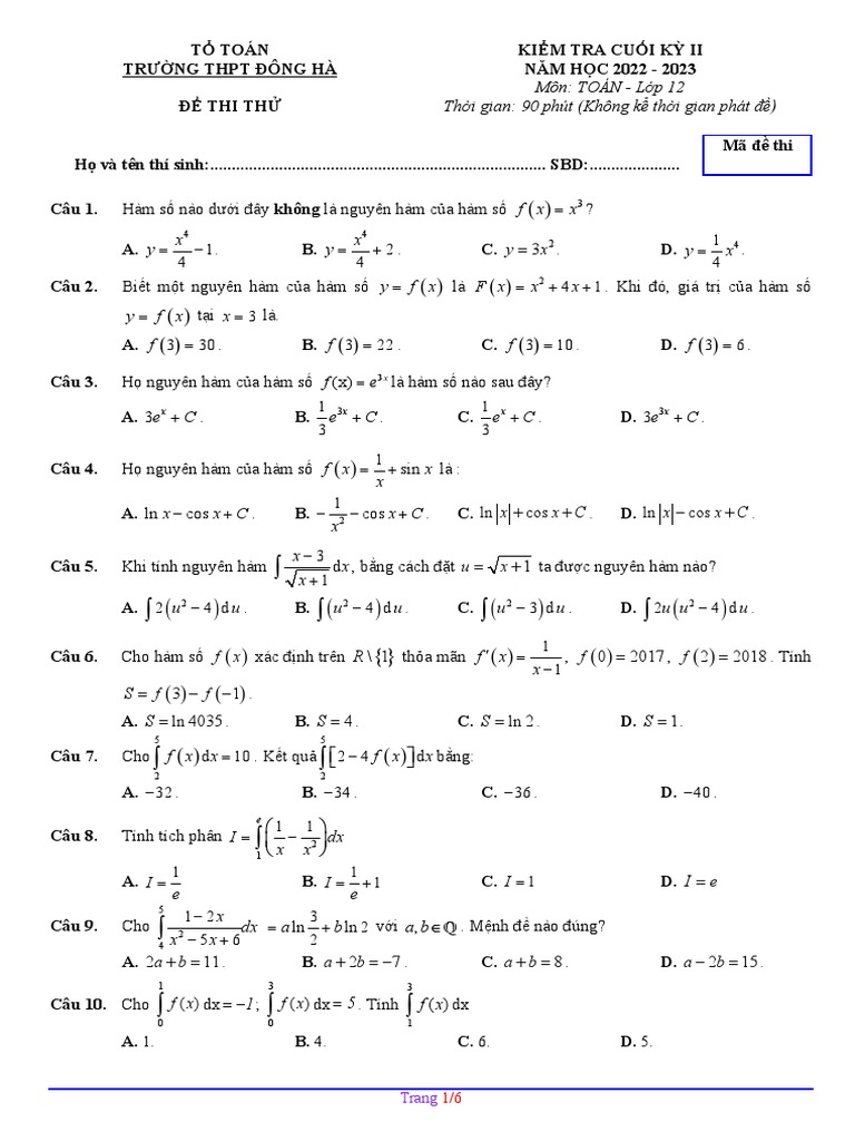 De Thi Thu Cuoi Ky 2 Toan 12 Nam 2022 2023 Truong THPT Dong Ha Quang Tri | PDF