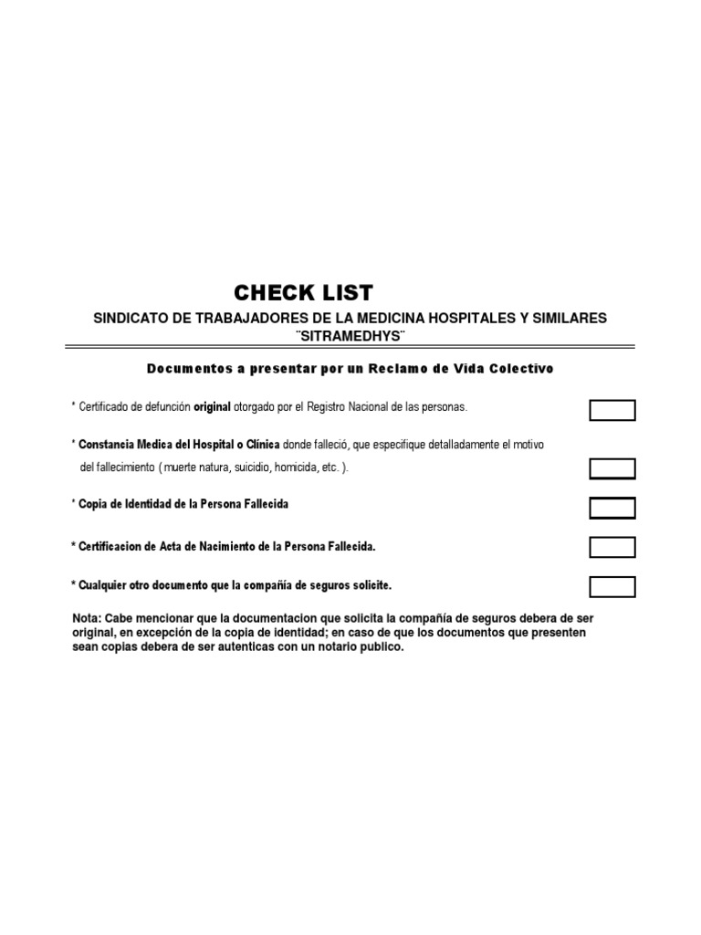 Check List para Presentar Reclamo Vida - Sitramedhys | PDF