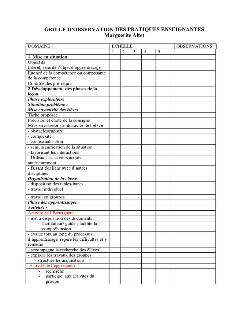 Grille D Observation Altet | Descargar gratis PDF | Apprentissage ...