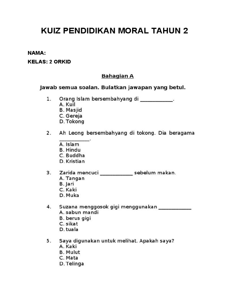 Kuiz Pendidikan Moral Tahun 2 | PDF