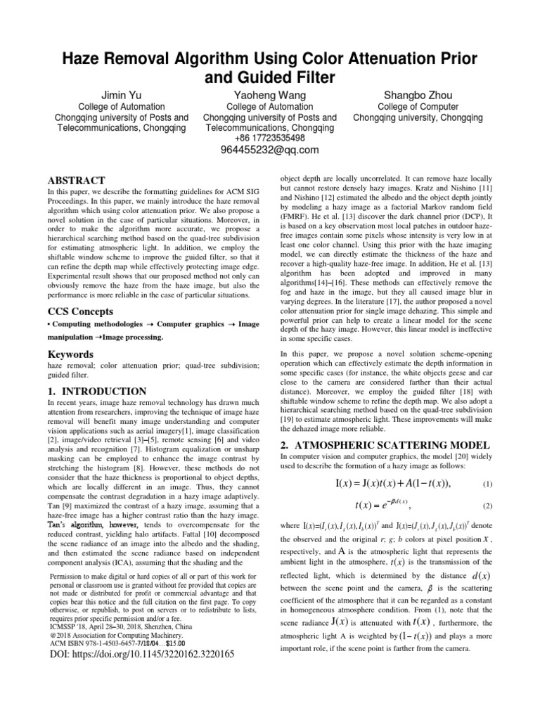 (Yu2018) Haze Removal Algorithm Using Color Attenuation Prior and Guided Filter | PDF | Computer ...