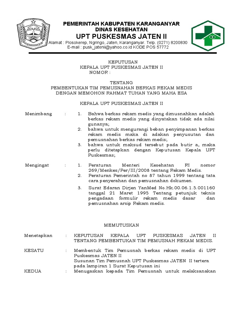 SK Pembentukan Tim Pemusnah Rekam Medis - Docx - 1 | PDF