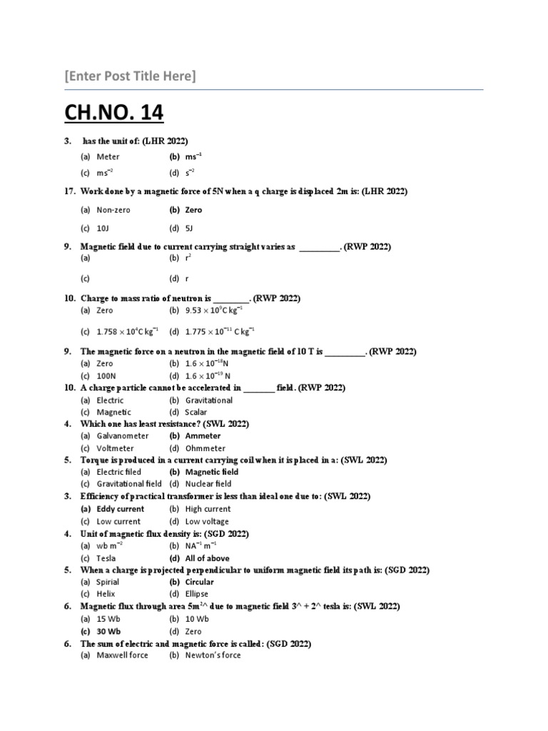 Past 22 Phy Sics CH 14,15,16 Final MCQS-1 | PDF | Electromagnetic Induction | Inductance