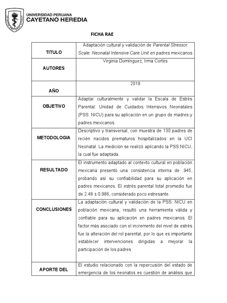 Ficha Rae - Fuente 2 - Adaptación Cultural y Validación | PDF ...