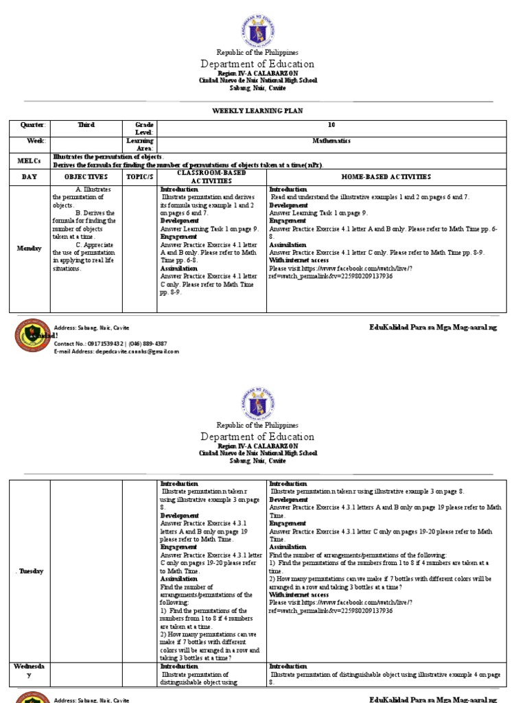Math 10-Weekly-Learning-Plan-Week 1 | PDF | Mathematics | Science