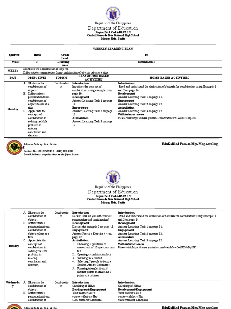 Grade 10 Math Week 3 Plan | PDF