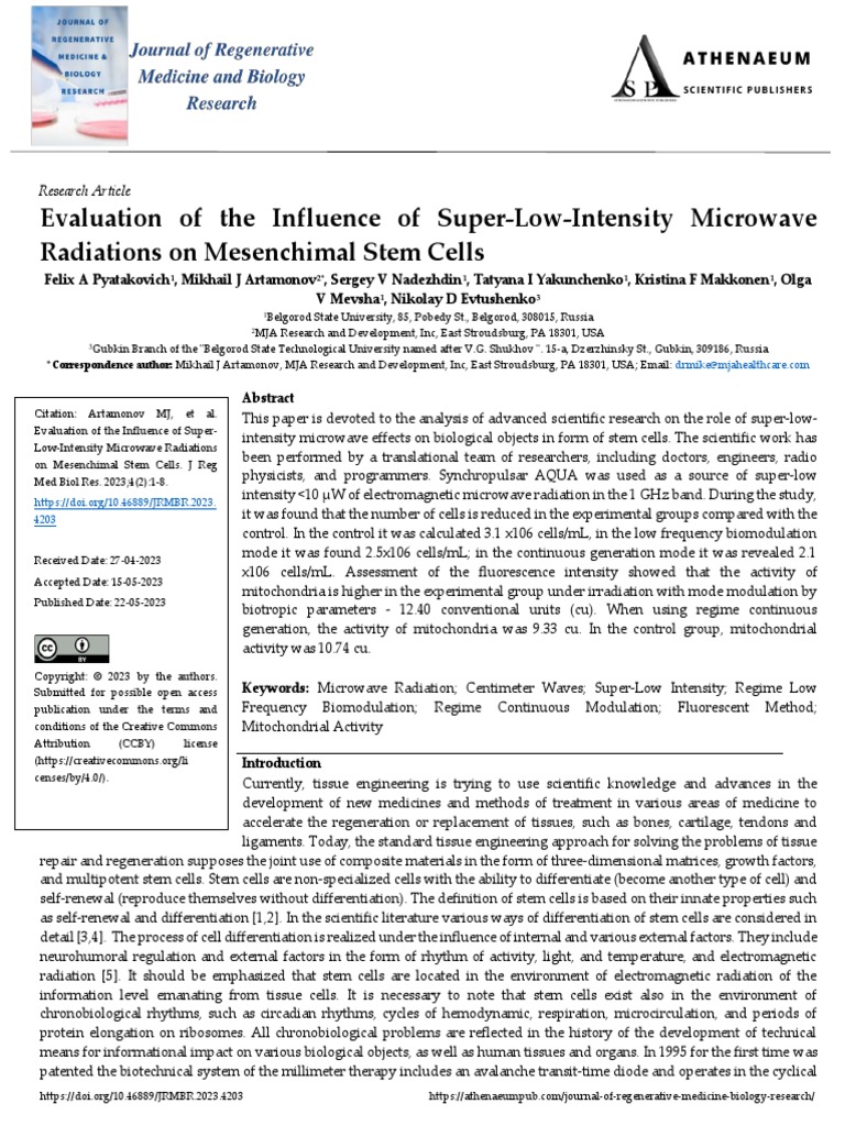 Evaluation of The Influence of Super Low Intensity Microwave Radiations On Mesenchimal Stem ...