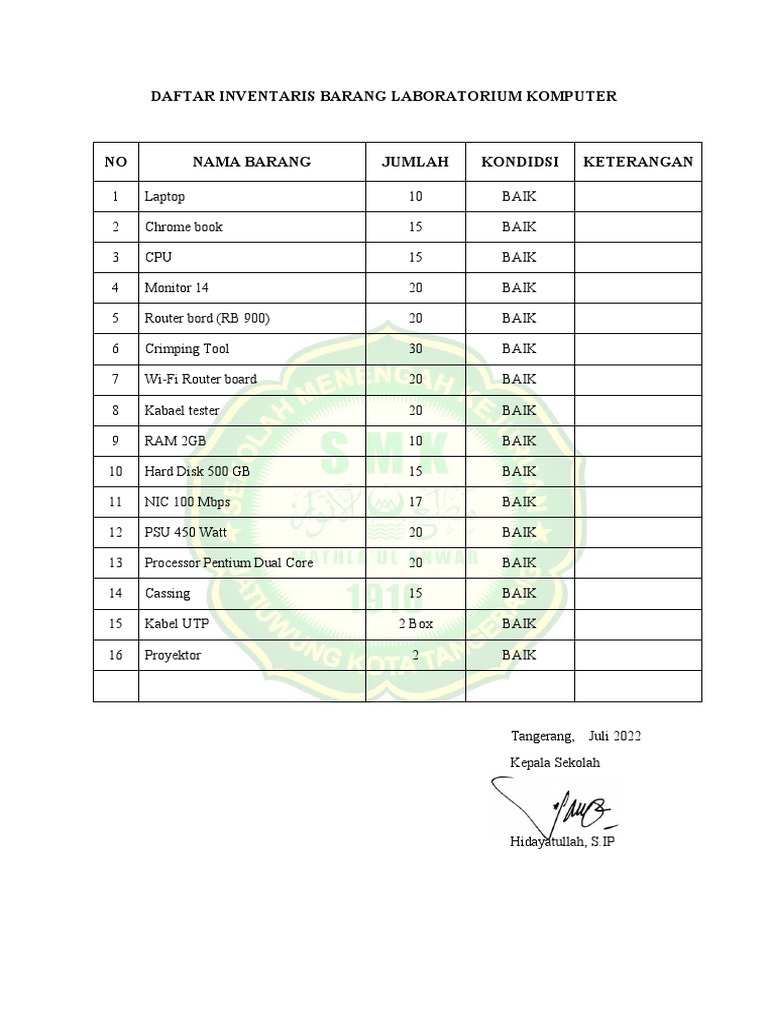 Daftar Inventaris Barang Laboratorium Komputer | PDF