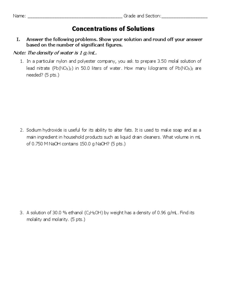 Concentrations of Solutions Problem Solving | PDF