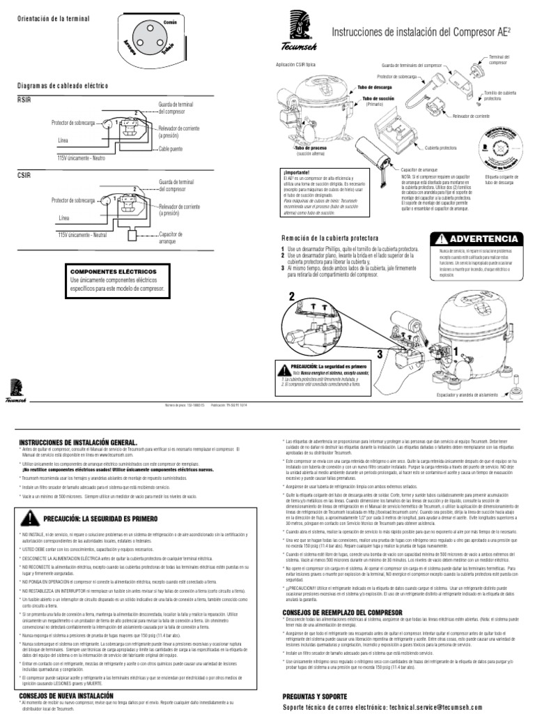 Instrucciones de Instalación Del Compresor AE2 Tecumshe | PDF | Fusible (Eléctrico) | Tornillo