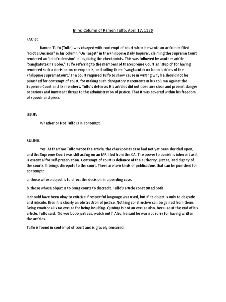 Tulfo's Contempt of Court Case Explained | PDF