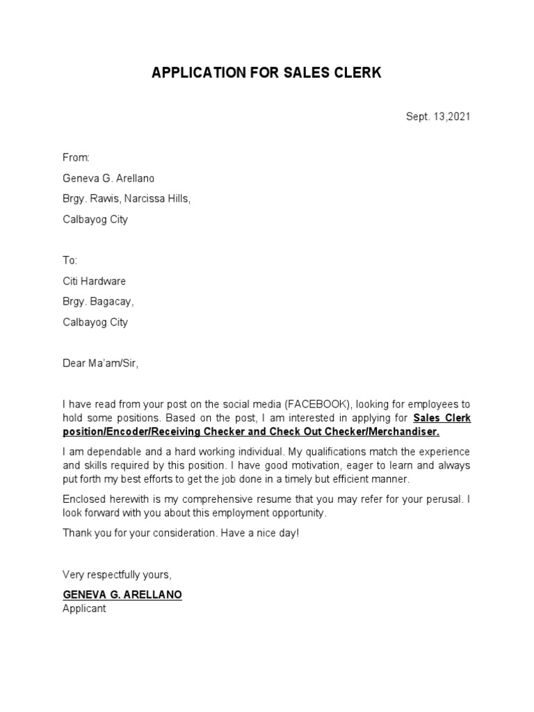 Application Letter For Sales Clerk | PDF